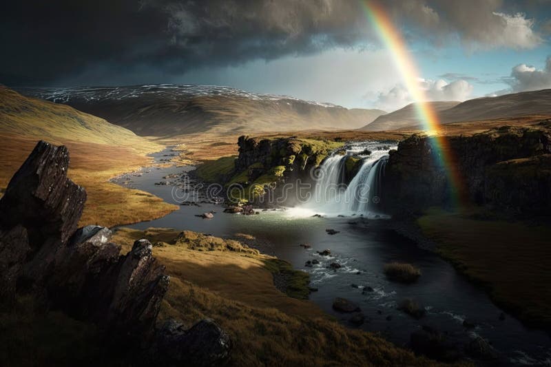 A Rainbow Over a Waterfall in a Rugged and Remote Landscape Stock ...