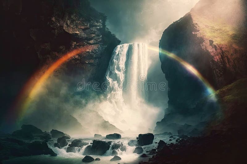 A Rainbow Over a Waterfall, with the Sun Shining through the Mist Stock ...