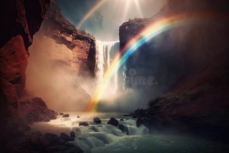 A Rainbow Over a Waterfall, with the Sun Shining through the Mist Stock ...