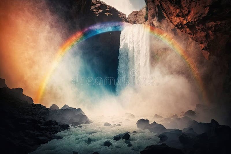 A Rainbow Over a Waterfall, with the Sun Shining through the Mist Stock ...