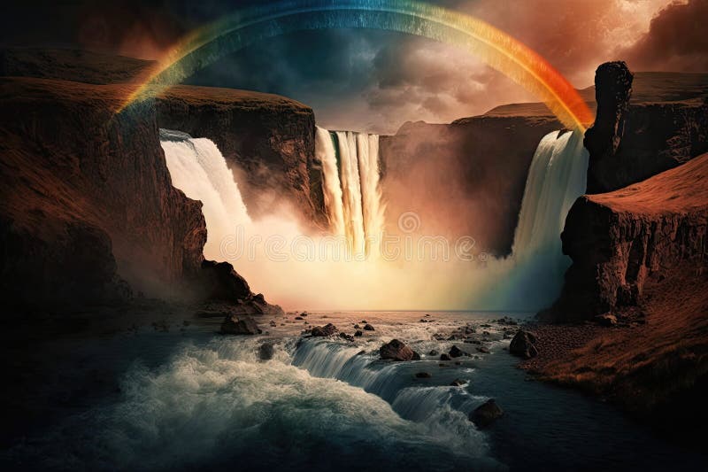 Rainbow Over a Waterfall, with the Sun Sinking Below the Horizon in the ...