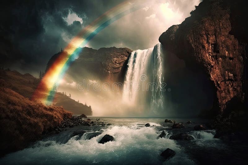 Rainbow Over a Waterfall, with Sunlight Shining through the Clouds ...