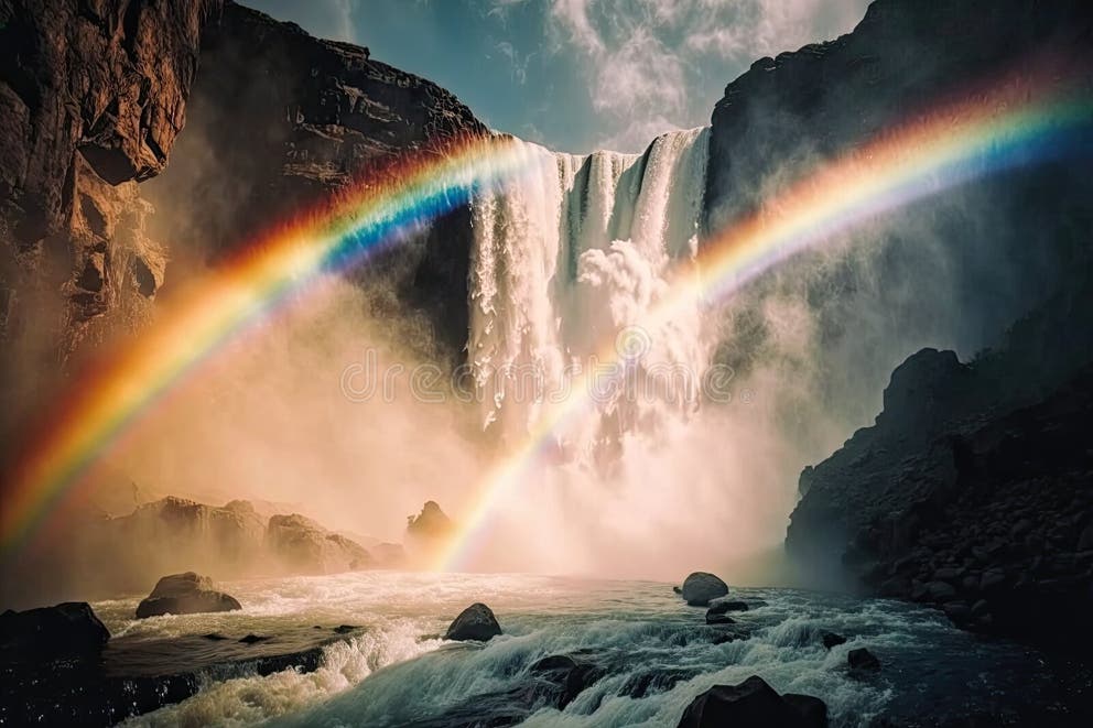 Rainbow Over a Waterfall, with Sunlight Shining through the Mist Stock ...