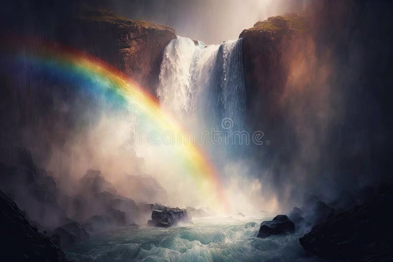 Rainbow Over a Waterfall, with Sunlight Shining through the Mist Stock ...