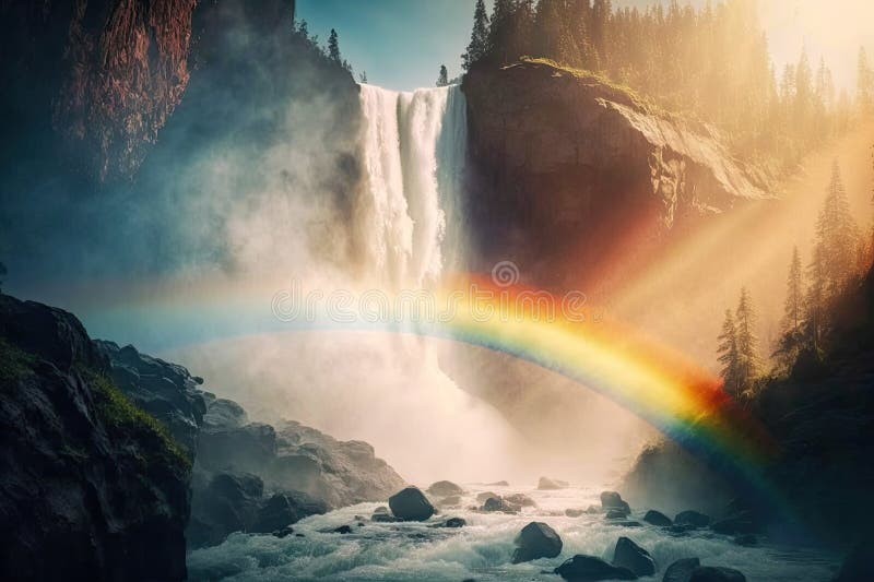 Rainbow Over a Waterfall, Surrounded by Fog, with the Sun Peeking ...
