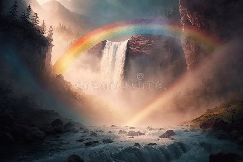 Rainbow Over a Waterfall, Surrounded by Fog, with the Sun Peeking ...