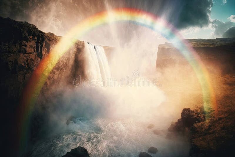 Rainbow Over a Waterfall, Surrounded by Fog, with the Sun Peeking ...