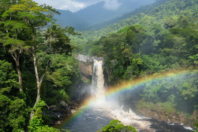 Rainbow Over a Waterfall Surrounded by Lush Greenery Stock Illustration ...