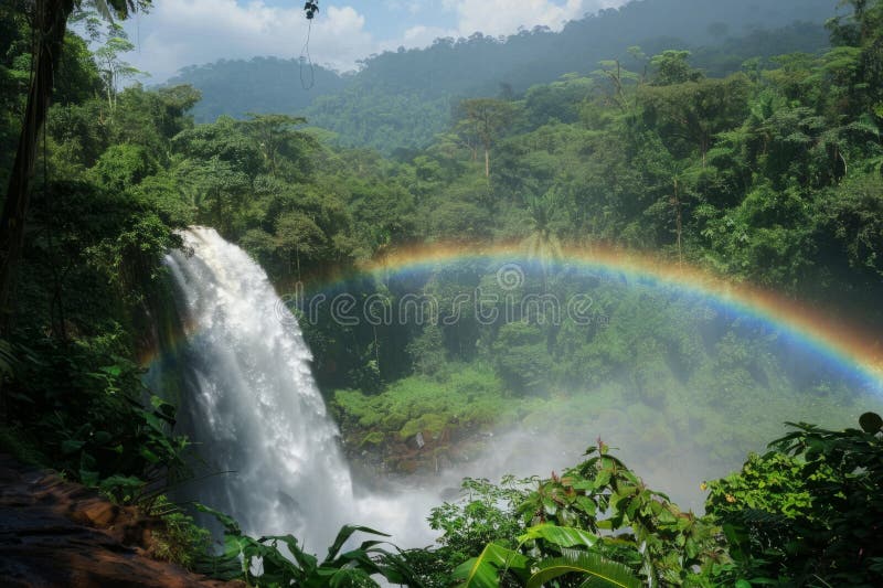 Rainbow Over a Waterfall Surrounded by Lush Greenery Stock Illustration ...