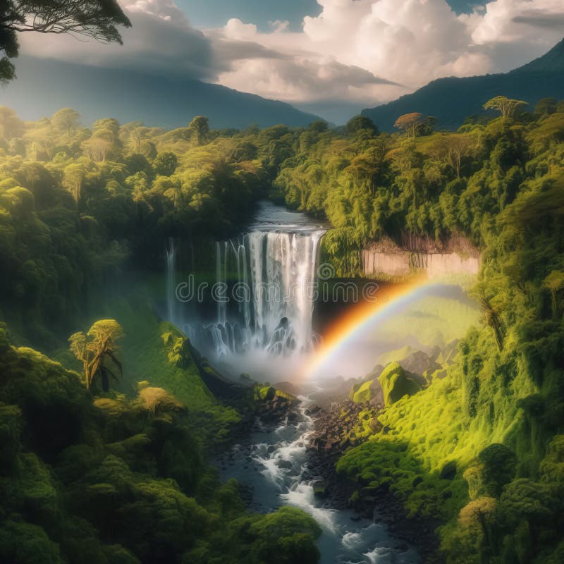 A Rainbow Over a Waterfall Surrounded by Lush Vegetation Stock ...