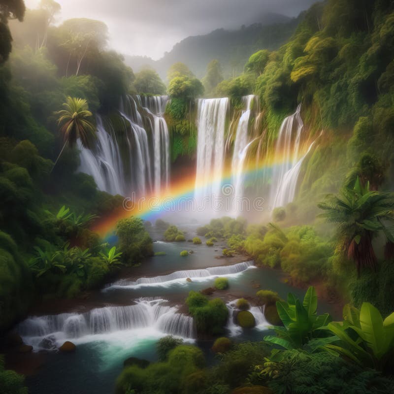 A Rainbow Over a Waterfall Surrounded by Lush Vegetation Stock ...