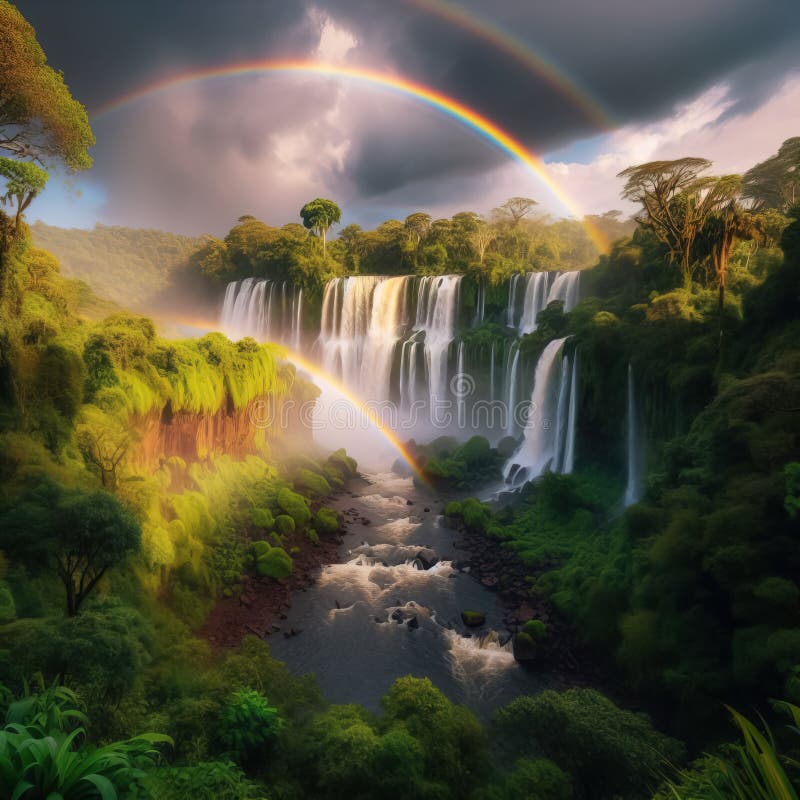 A Rainbow Over a Waterfall Surrounded by Lush Vegetation Stock ...
