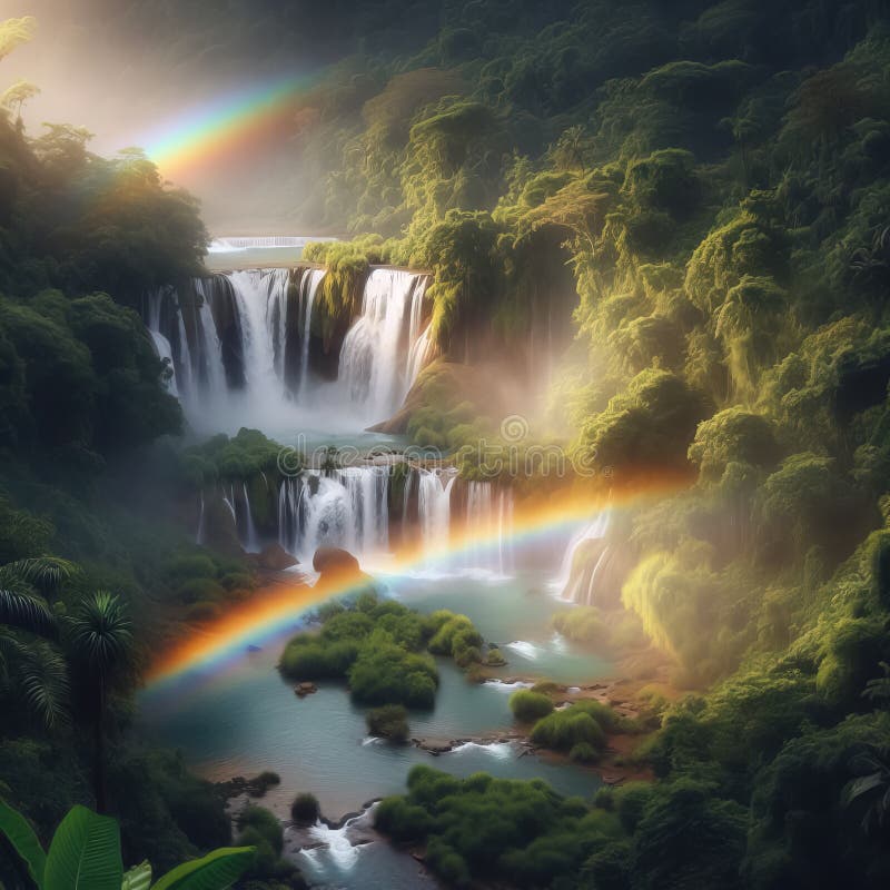 A Rainbow Over a Waterfall Surrounded by Lush Vegetation Stock ...