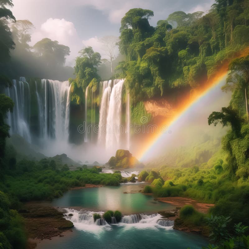A Rainbow Over a Waterfall Surrounded by Lush Vegetation Stock ...