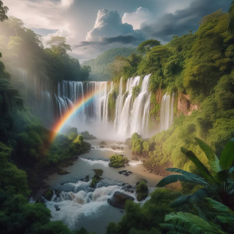 A Rainbow Over a Waterfall Surrounded by Lush Vegetation Stock ...