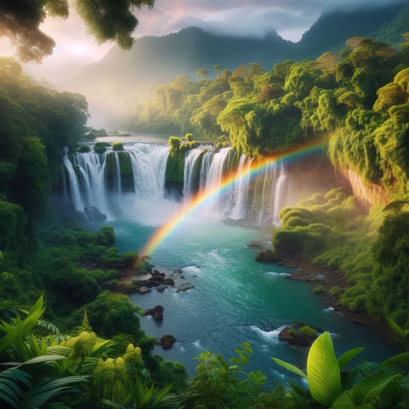 A Rainbow Over a Waterfall Surrounded by Lush Vegetation Stock ...