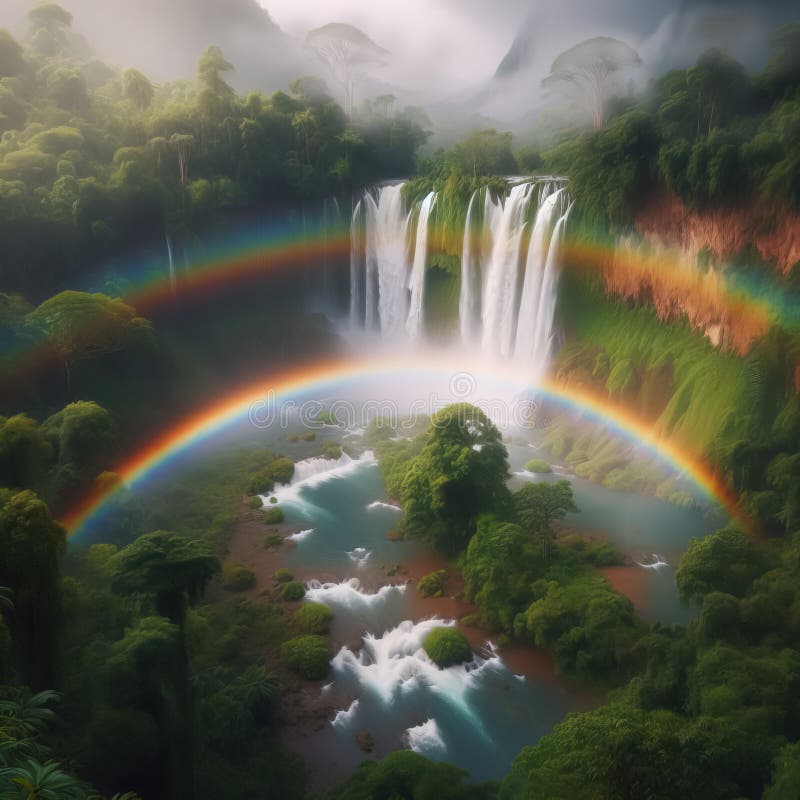 A Rainbow Over a Waterfall Surrounded by Lush Vegetation Stock ...