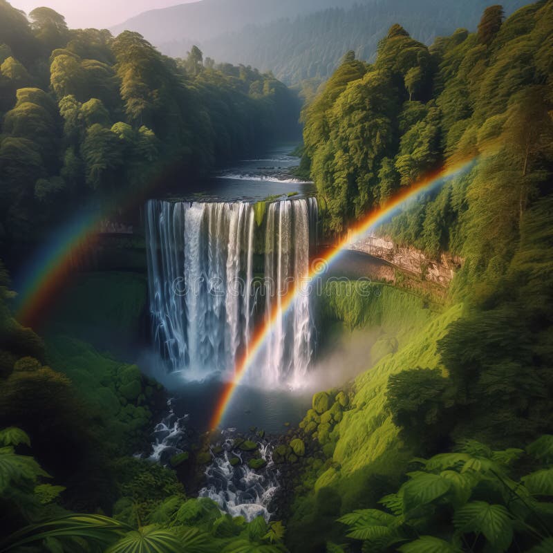 A Rainbow Over a Waterfall Surrounded by Lush Vegetation Stock ...