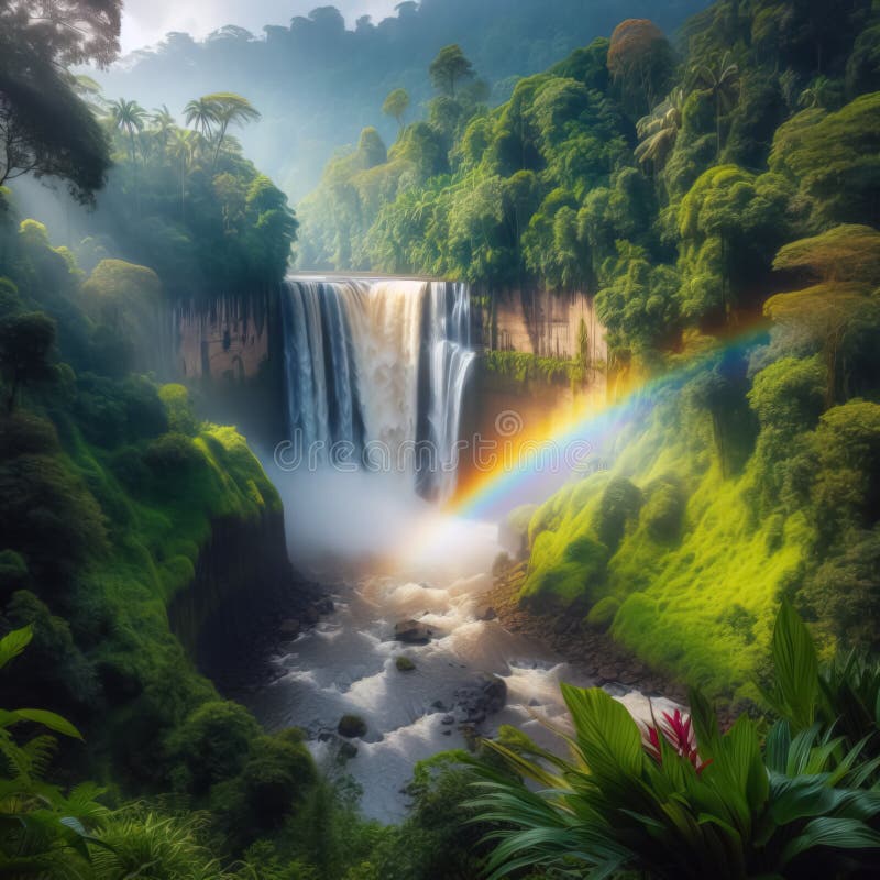 A Rainbow Over a Waterfall Surrounded by Lush Vegetation Stock ...