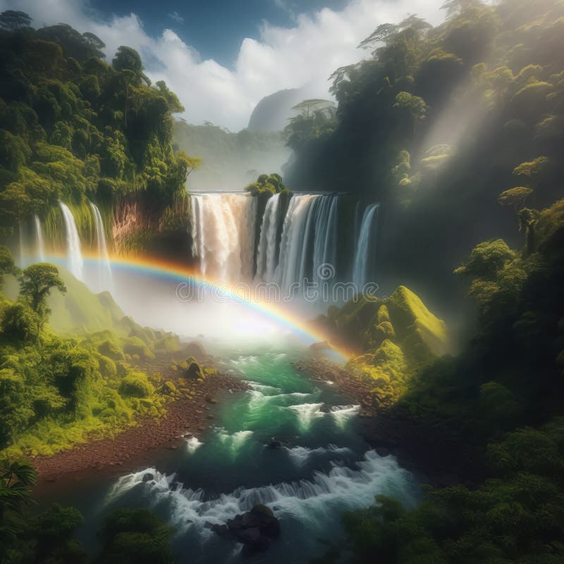 A Rainbow Over a Waterfall Surrounded by Lush Vegetation Stock ...