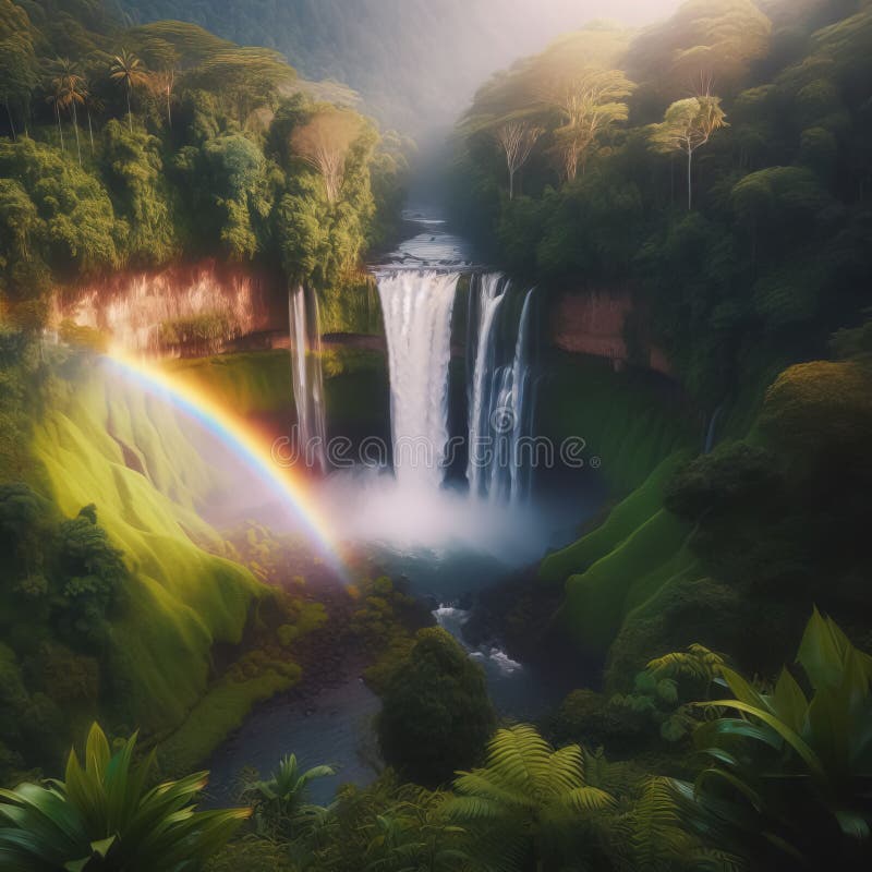 A Rainbow Over a Waterfall Surrounded by Lush Vegetation Stock ...