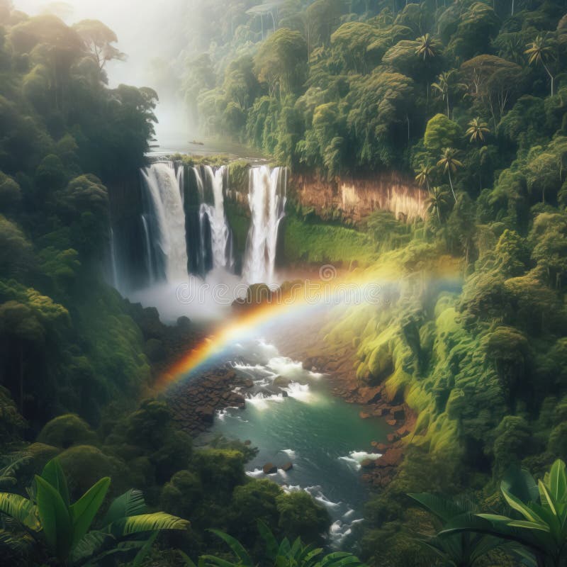 A Rainbow Over a Waterfall Surrounded by Lush Vegetation Stock ...