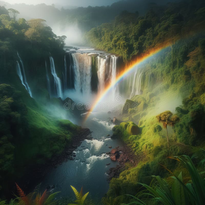 A Rainbow Over a Waterfall Surrounded by Lush Vegetation Stock ...
