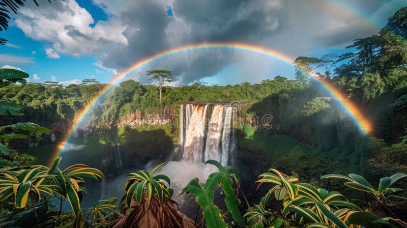 A Rainbow Over a Waterfall Surrounded by Lush Vegetation Stock ...