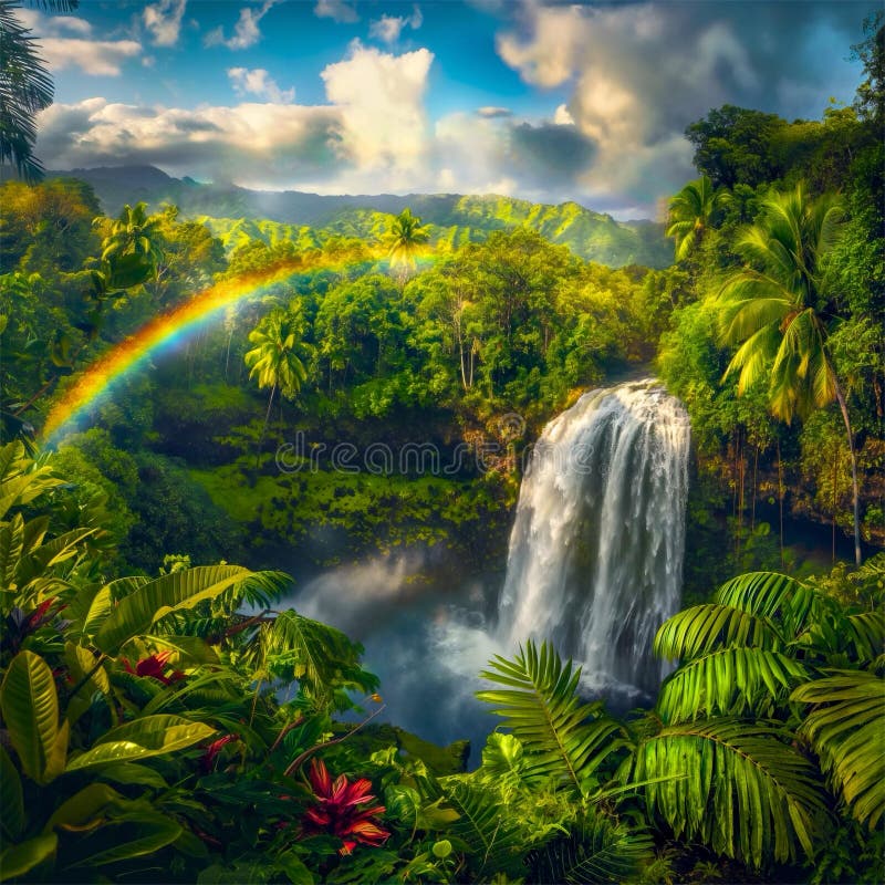 Waterfall Surrounded by Trees with Vivid Green Leaves in a Beautyfull ...