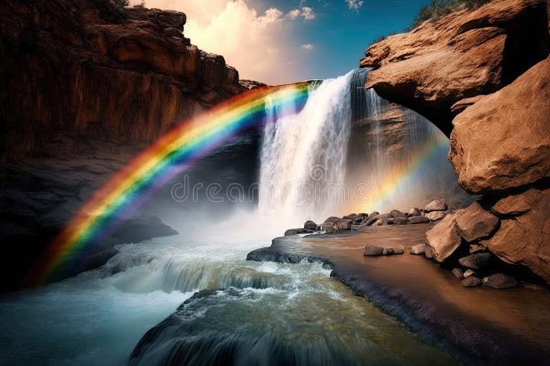A Rainbow Over a Waterfall, with the Water Crashing Down into a Pool ...