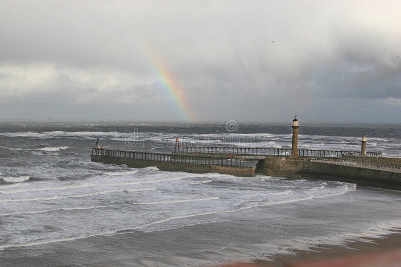 Rainbow Over Whitby Harbour Piers. Stock Image - Image of rain, place ...