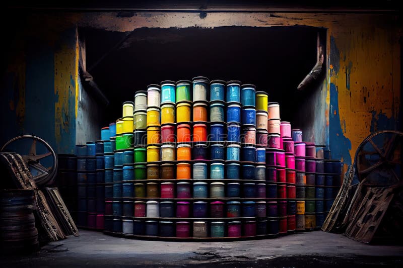 A Rainbow of Paint Cans, Stacked Neatly in a Workshop. Stock ...