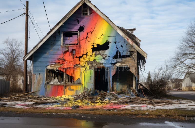 Rainbow Painted on Ruined House Stock Illustration - Illustration of ...