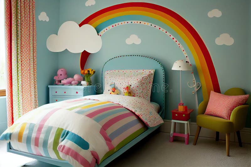 A Rainbow Painted Wall with a Fun Patterned Border, Perfect for Kids ...