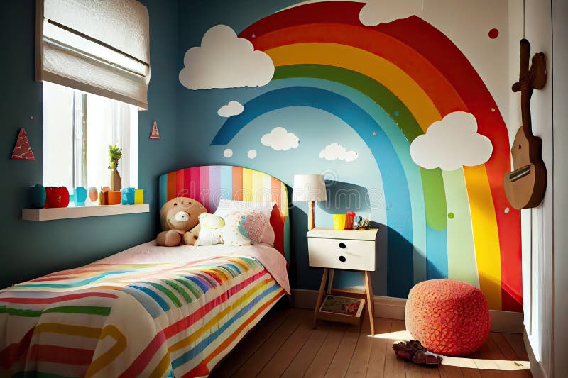 A Rainbow Painted Wall with a Fun Patterned Border, Perfect for Kids ...