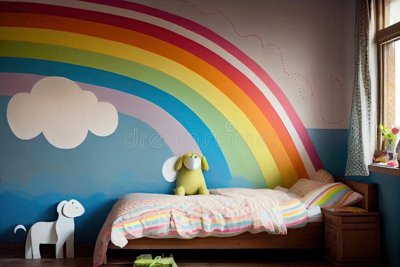 A Rainbow Painted Wall with a Fun Patterned Border, Perfect for Kids ...