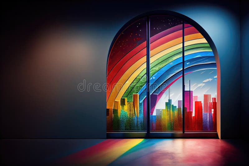 A Rainbow-painted Wall with a View of the City Skyline and Reflections ...