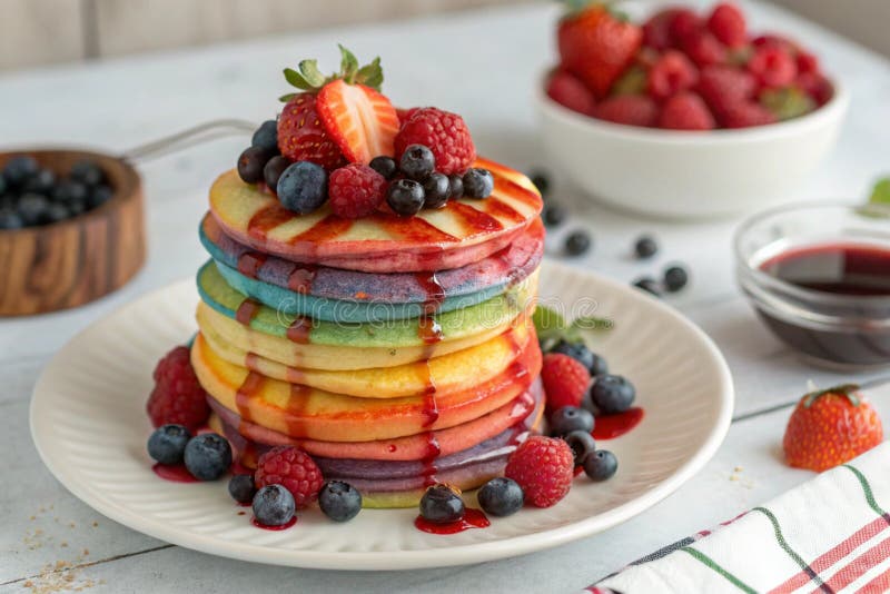 Rainbow Pancakes with Fruits and Whipped Cream, AI Generative Food ...