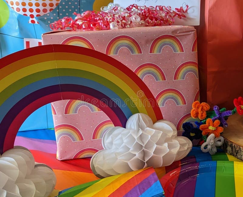 Rainbow Party, Rainbow Birthday Party, Colorful Party Items Stock Photo ...