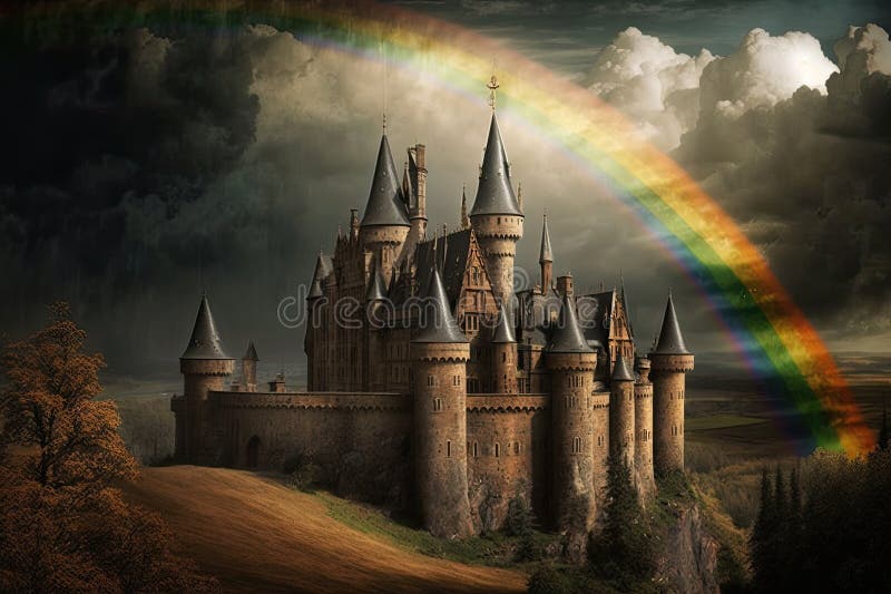 Rainbow Passing Over the Spires of a Medieval Castle, with a View of ...