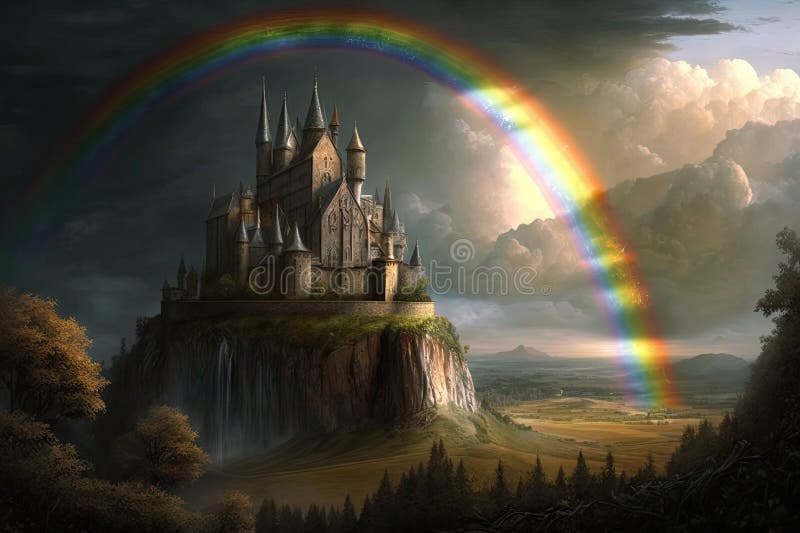 Rainbow Passing Over the Spires of a Medieval Castle, with a View of ...