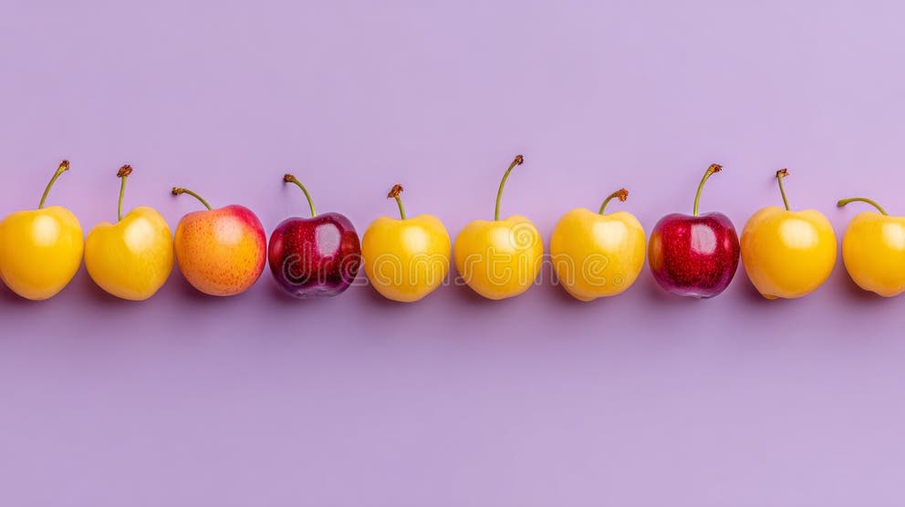 A Rainbow Pattern of Cherries is Arranged in a Row on a Yellow ...