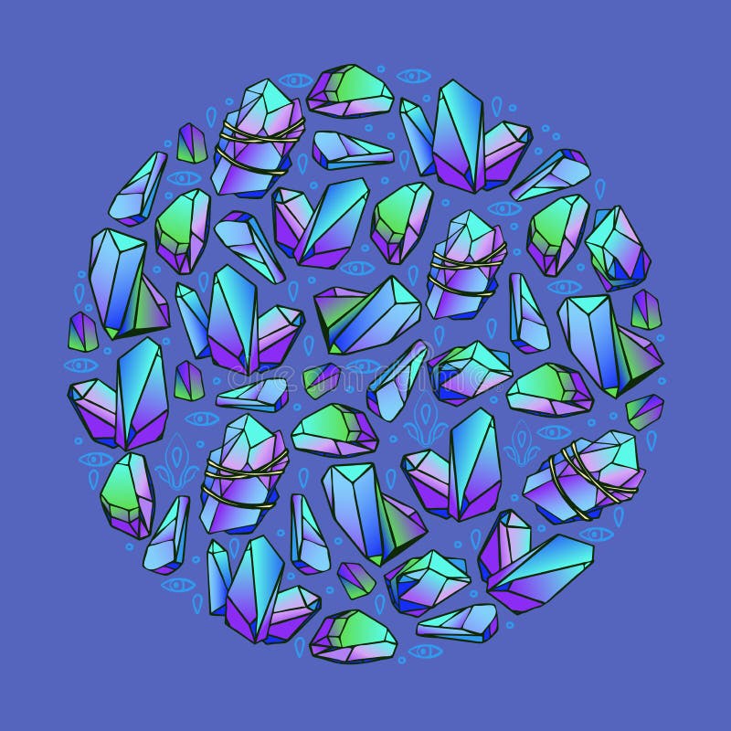 Rainbow Pattern with Colorful Crystals Gems Isolated on Blue. Vector ...