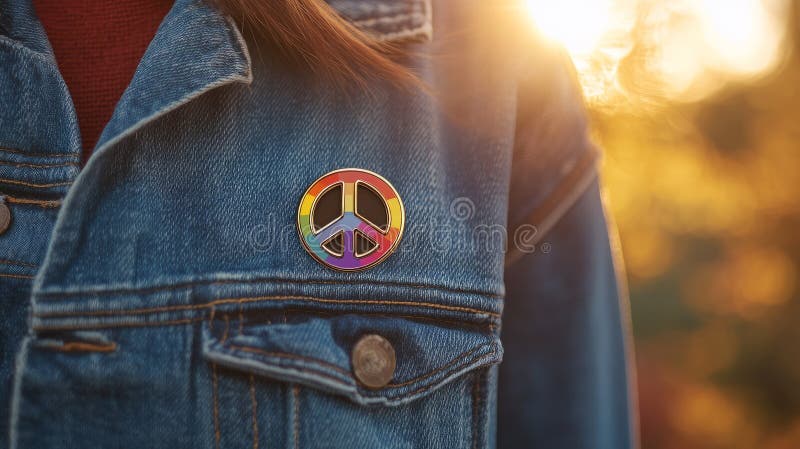 Rainbow Peace Pin on a Denim Jacket in Sunlight. Stock Photo - Image of ...
