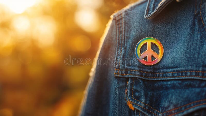 Rainbow Peace Symbol Pin on Denim Jacket Representing Diversity. Stock ...