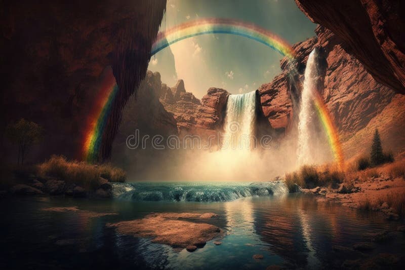 A Rainbow Peeks Over a Waterfall, with the Sun Shining through Stock ...