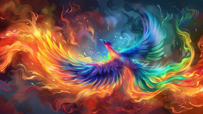 A Rainbow Phoenix Soaring Majestically from Flames Reborn in Vibrant ...