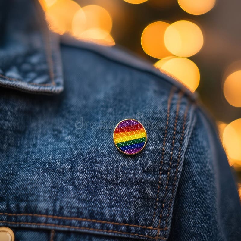 Rainbow Pin on Denim Jacket with Blurred Golden Lights Background ...