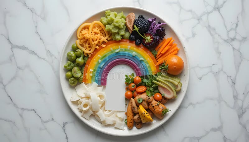 Rainbow Plate Displaying Macro Nutrient Labels with Fresh Foods in Flat ...