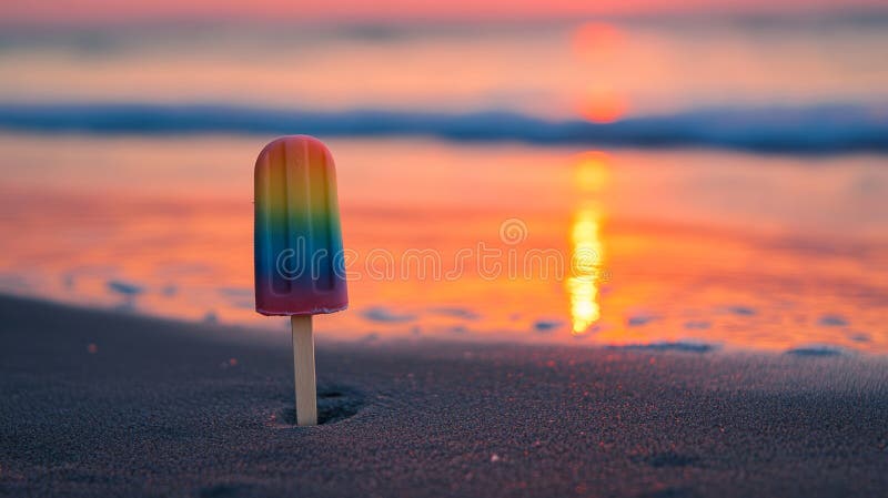 Rainbow Popsicle on Sandy Beach at Sunset, Serene Summer Concept Stock ...